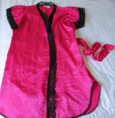 VINTAGE 70S TEXWEAR DEEP ROSE PINK NEGLIGEE GOWN ROBE BLACK LACE TRIM ...