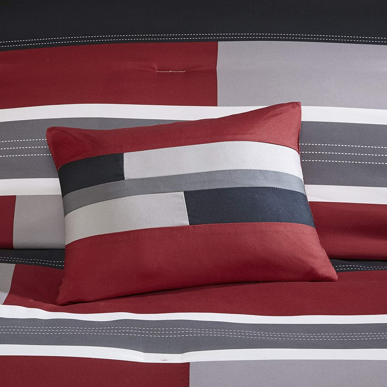 Red Black Gray Grey Stripe Sporty 4 pc Comforter Set Twin XL Full Queen ...