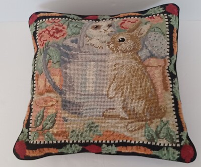 Vintage Needlepoint Pillow Bunny Rabbit Garden Accent Pillow Easter 14 ...