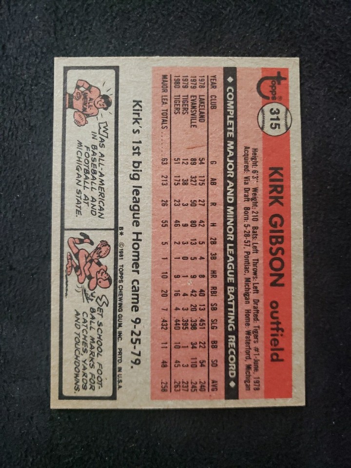 ⚾1981 Topps #315 Kirk Gibson Rookie Card RC⚾Near Mint or Better⚾ | eBay