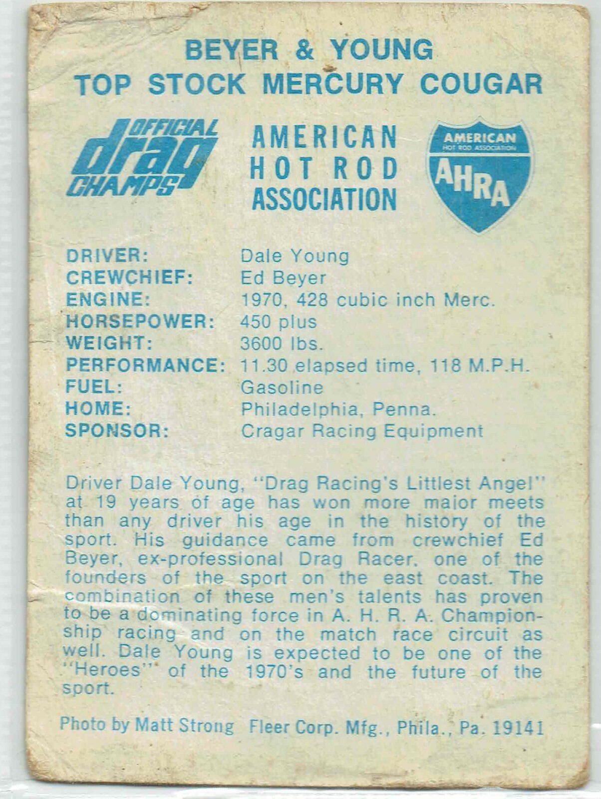 Fleer AHRA Race USA 1970 Official Drag Champs DRAG RACING TRADING CARDS ...