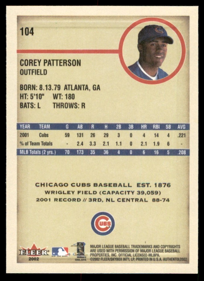 2002 FLEER AUTHENTIX COREY PATTERSON CHICAGO CUBS #104 | eBay