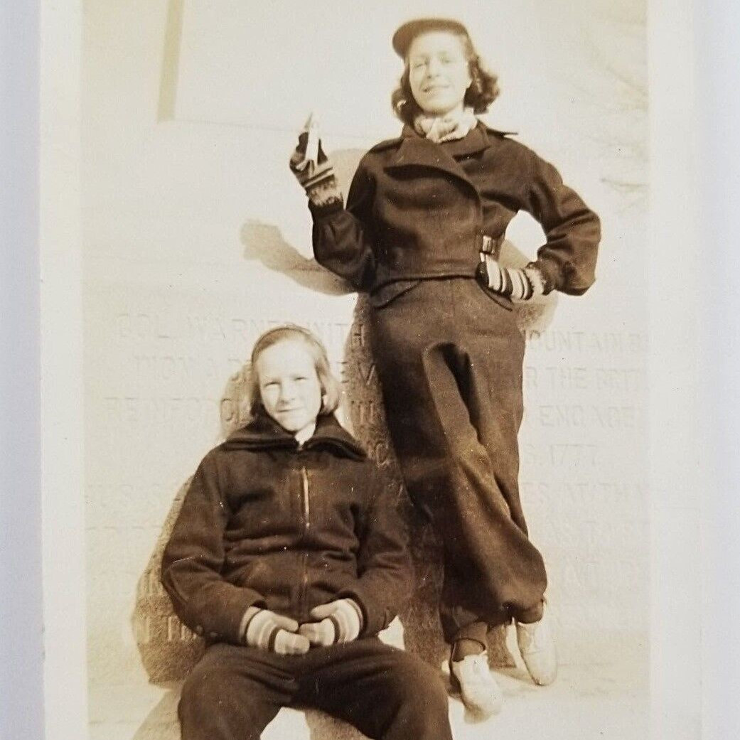 Snapshot Photograph Two Girls Posing By Statue Of Colonel Seth Warner ...