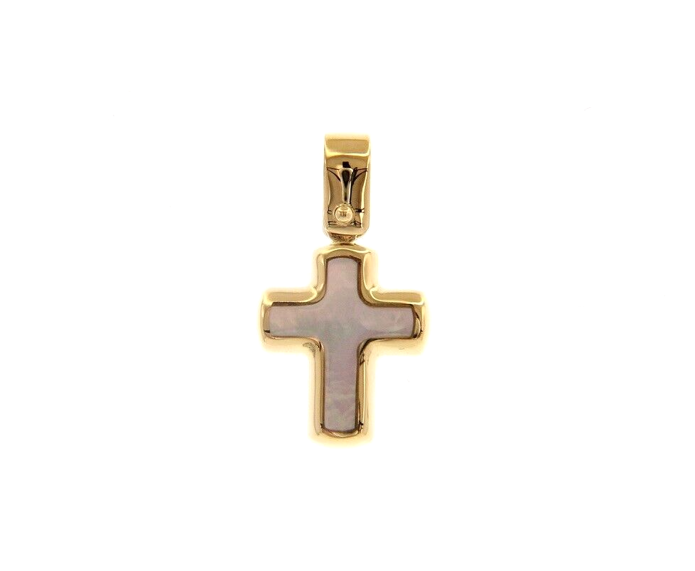 18K YELLOW GOLD SMALL 13mm ROUNDED STYLIZED CROSS WITH MOTHER OF PEARL ...