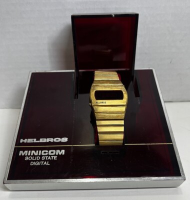 Vintage Helbros Minicom Solid State Gold Tone Digital Watch w/ Original ...