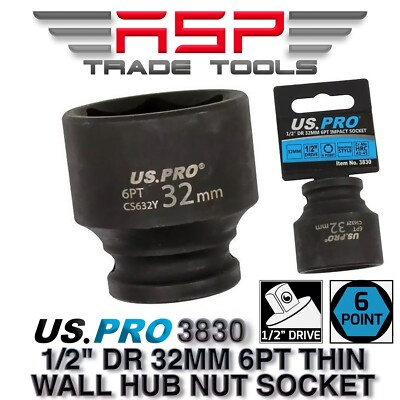 US PRO 32mm Shallow Impact Socket 1/2" Drive 32mm 6 Point Single Hex ...