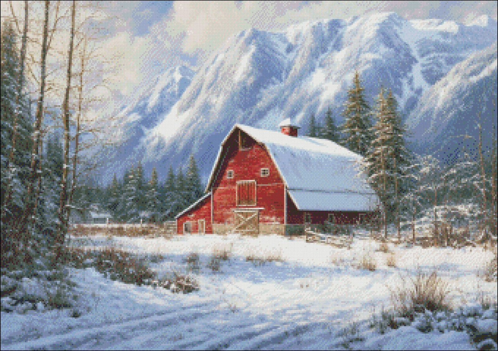 Fresh Snow on Red Barn - DIY CHart Counted Cross Stitch Patterns ...