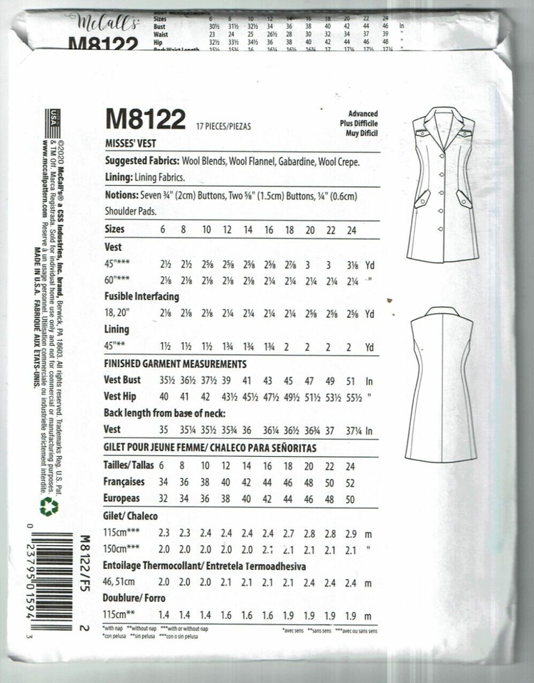 McCalls #M8122 Melissa Watson Long Vest Pattern Sz: 16-24 UC | eBay