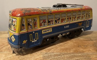 Vintage Tin Litho Friction Toy Trolley Bus “Happy Speed Car” Hadson ...