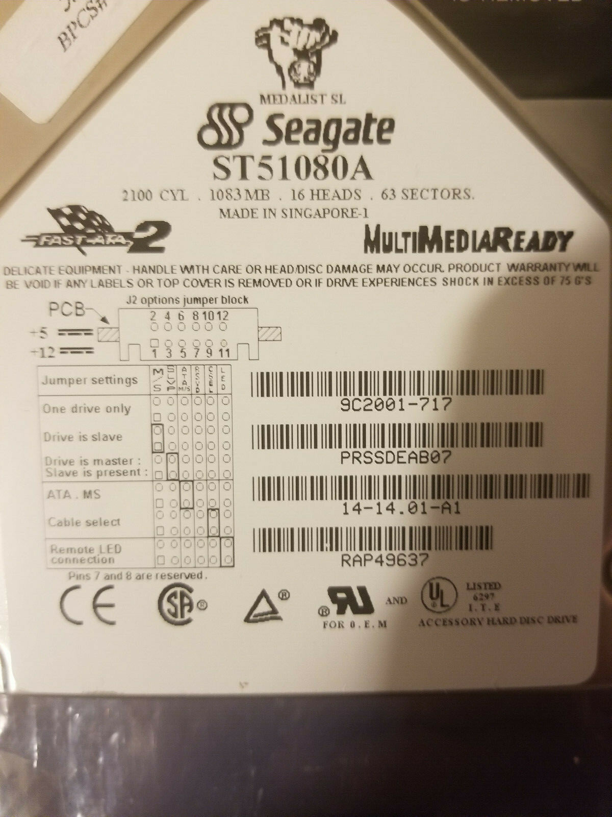 Seagate ST51080A PN 9C2001-717 HDA CODE PRSSDEAB07 FC 14-14 ATA 3.5 ...