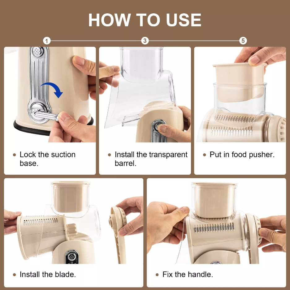 SUSTEAS Rotary Cheese Grater w/Handle &5 Blades, Round Slicer ...