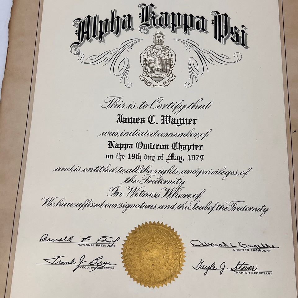Vintage ALPHA KAPPA PSI Fraternity Membership Certificate Initiation ...