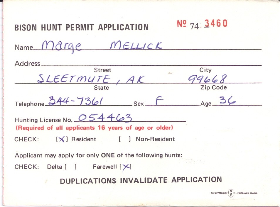 1974 Bison Hunt Permit Application Marge Mellick Sleetmute Alaska | eBay