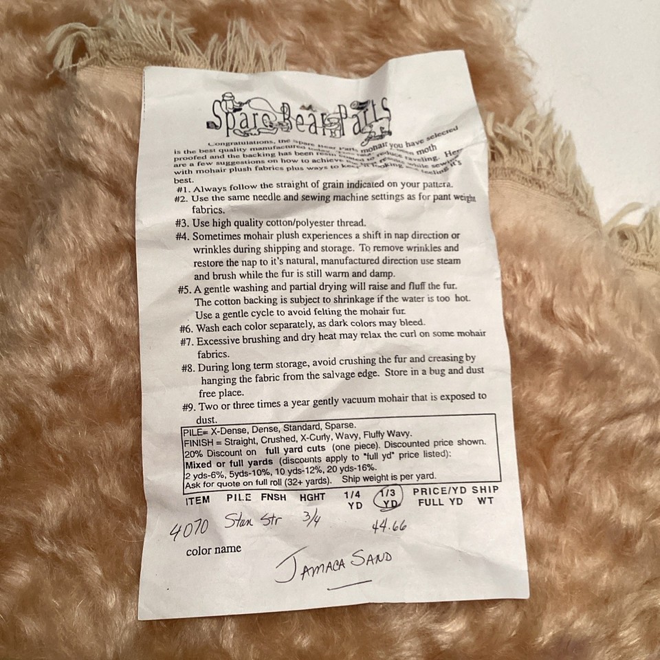Spare Bear Parts Mohair Teddy Bear Fabric Jamaica Sand 4070 Faux Fur ...