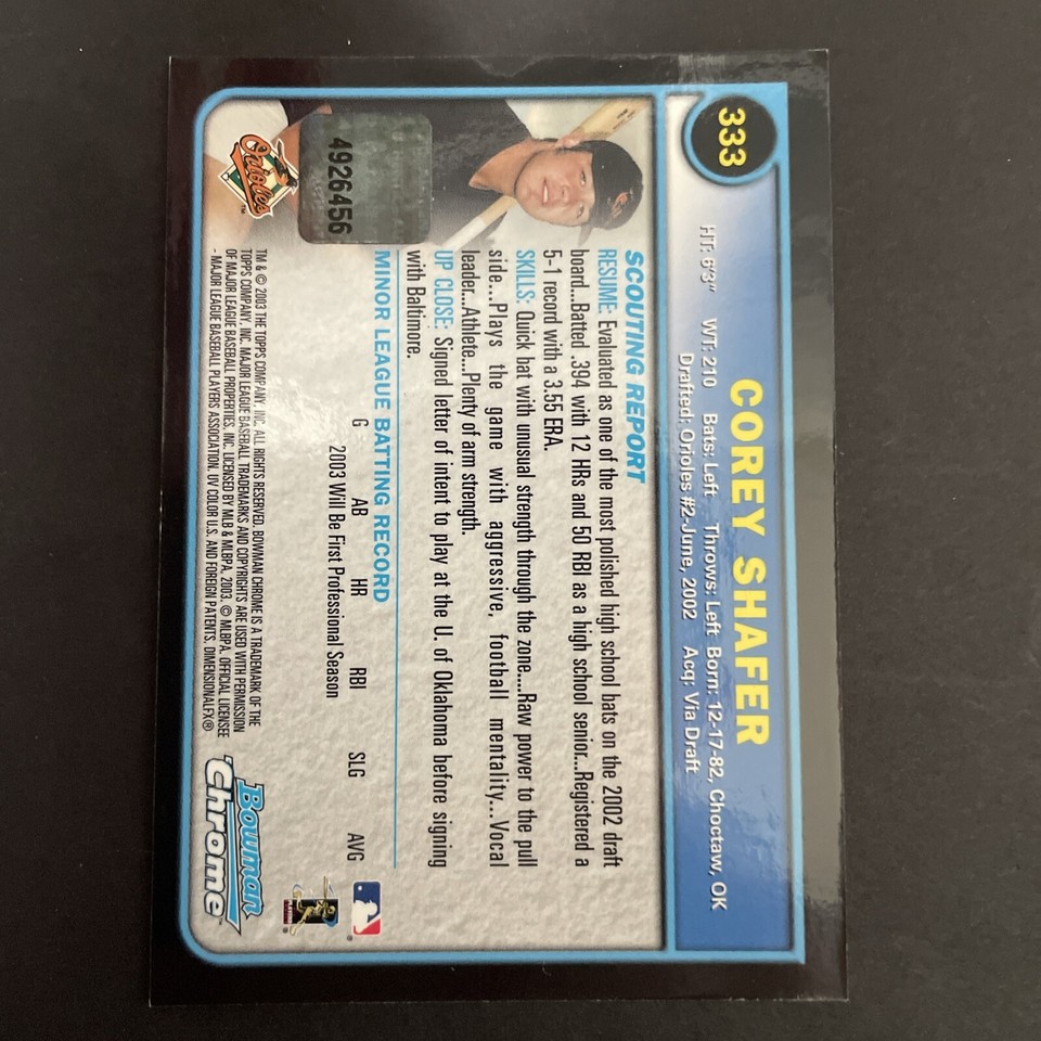2003 Bowman Chrome Refractor Autograph #333 COREY SHAFER Signed Auto ...