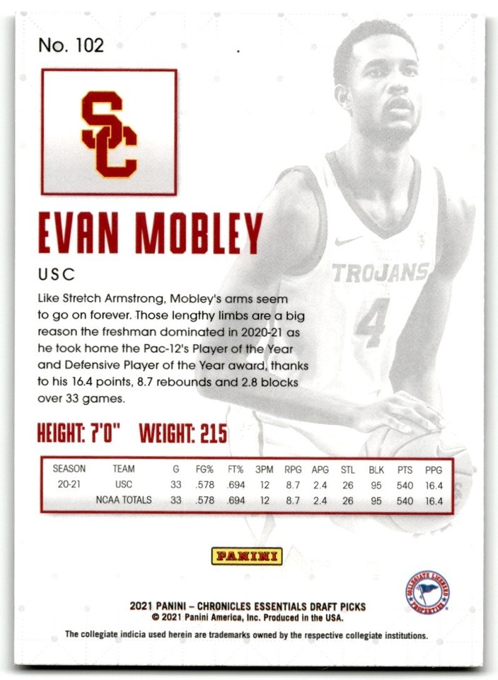 2021-22 Panini Chronicles Draft Picks Evan Mobley Rookie USC Trojans ...