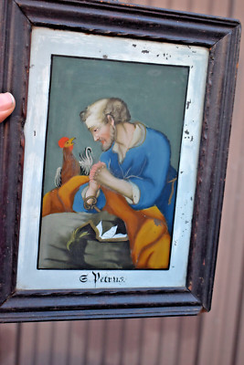 antique German 19thc eglomise glass painting Saint PETER rooster ...