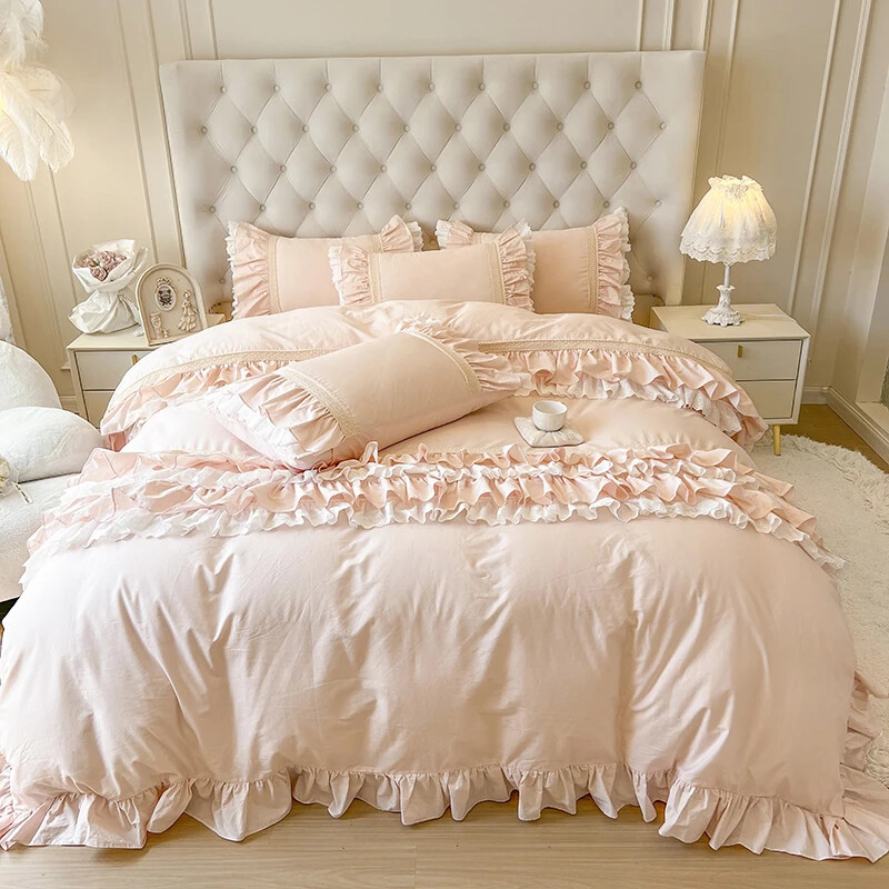 Princess Double Layer Lace Ruffles Bedding Set Duvet Cover Bed Sheet ...