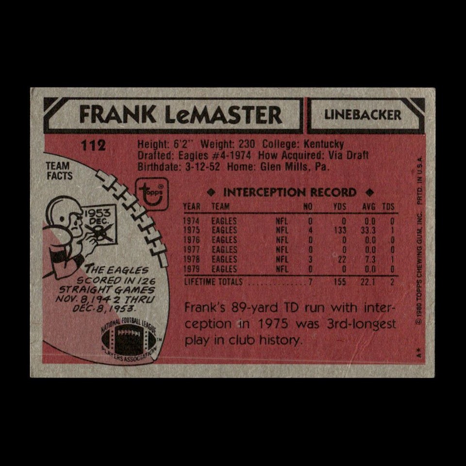 Frank LeMaster 1980 Topps Philadelphia Eagles #112 Vintage Football! 3 ...