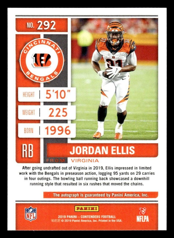 2019 PANINI CONTENDERS JORDAN ELLIS 292 MINT RC AUTOGRAPH CINCINNATI ...