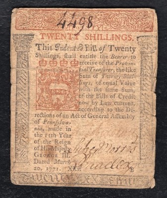 MARCH 20, 1771 20s TWENTY SHILLINGS PENNSYLVANIA COLONIAL CURRENCY NOTE ...