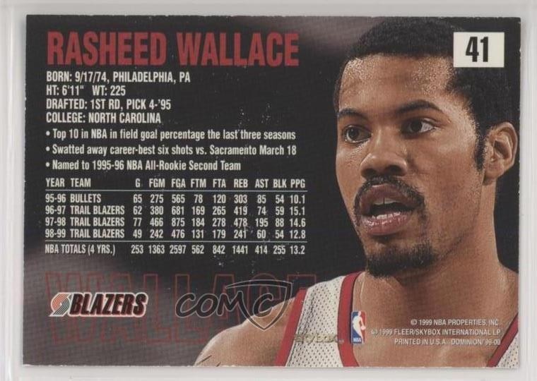 1999-00 Skybox Dominion Rasheed Wallace #41 | eBay