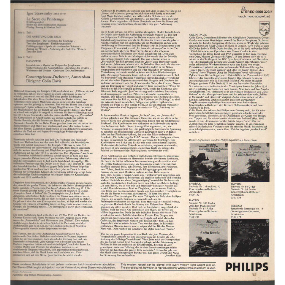Stravinsky Concertgebouworkest Amsterdam Colin Davis LP The Rite of ...