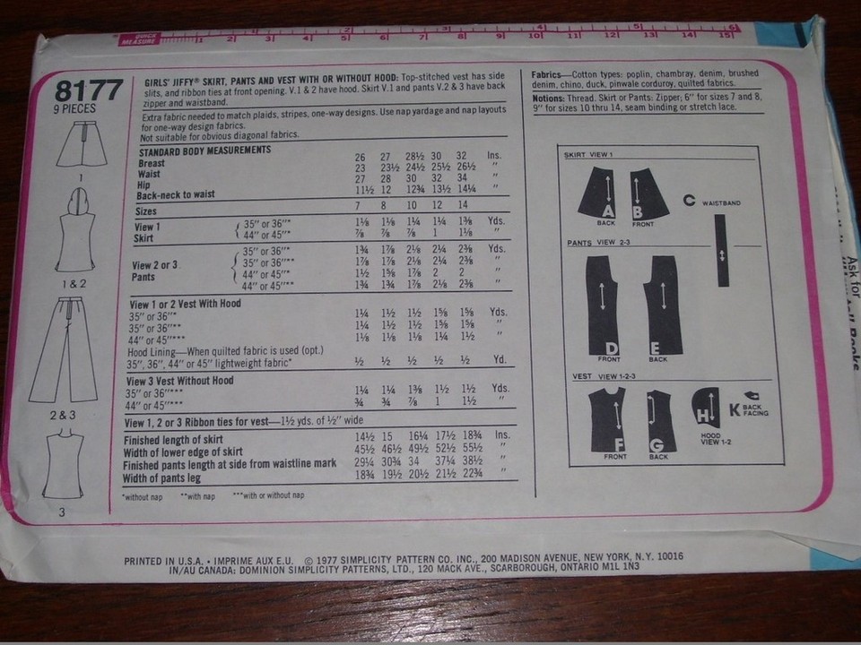 1977 SIMPLICITY #8177 - GIRLS RETRO VEST w/HOOD - PANTS & SKIRT PATTERN ...