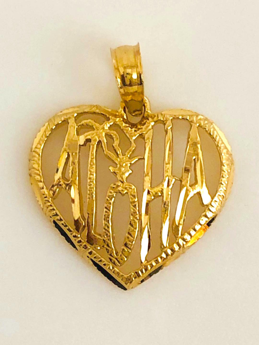 14K Solid Yellow Gold Pineapple Hawaiian Aloha Heart Pendant L: 3/4 ...