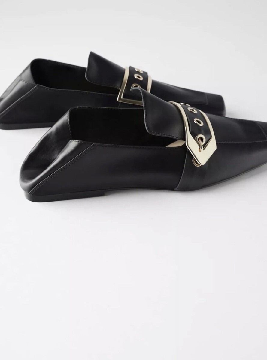 Zara Black Leather Square Toe Loafers With Buckle UK3 EU36 Zara Black Leather Square Toe Loafers With Buckle UK3 EU36