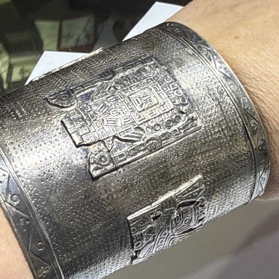 Vintage PERU Sterling Silver Wide Cuff Bracelet Aztec God Llama ...