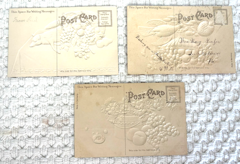 Lot of 3 Still Life Postcard Fox, Game Bird Fruits Airbrushed Embossed ...