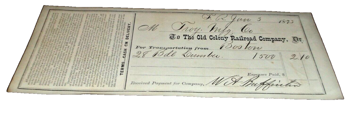 JUNE 1873 OLD COLONY RAILROAD COMPANY NEW HAVEN RAILROAD FREIGHT ...