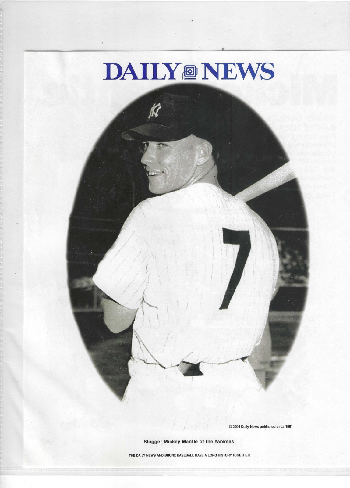 2004 New York Daily News Mickey Mantle Photo-Bill Gallo Cartoon on Back ...