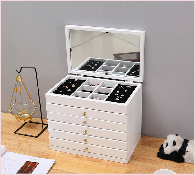 Large Jewelry Organizer Wooden Storage Box 6 Layers Case w/ 5 Drawers ...