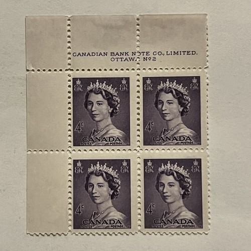 GENUINE CANADA 4c MINT MH OG CORNER BLOCK OF 4 STAMPS TABS QUEEN ...