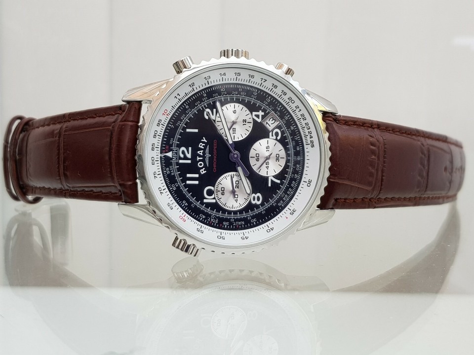 ROTARY Mens Watch Brown Leather Chronograph Chronospeed Luminous Boxed ...