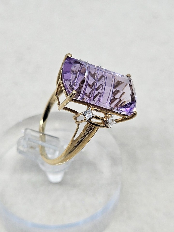 9kt Gold Lehrer Matrix Cut Rose De France Amethyst & Zircon Ring Size O ...