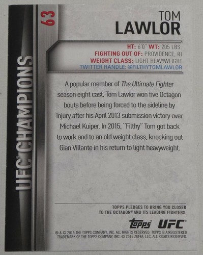 Tom Lawlor Signed 2015 Topps UFC Champions Black Card #63 #d/188 MLW ...