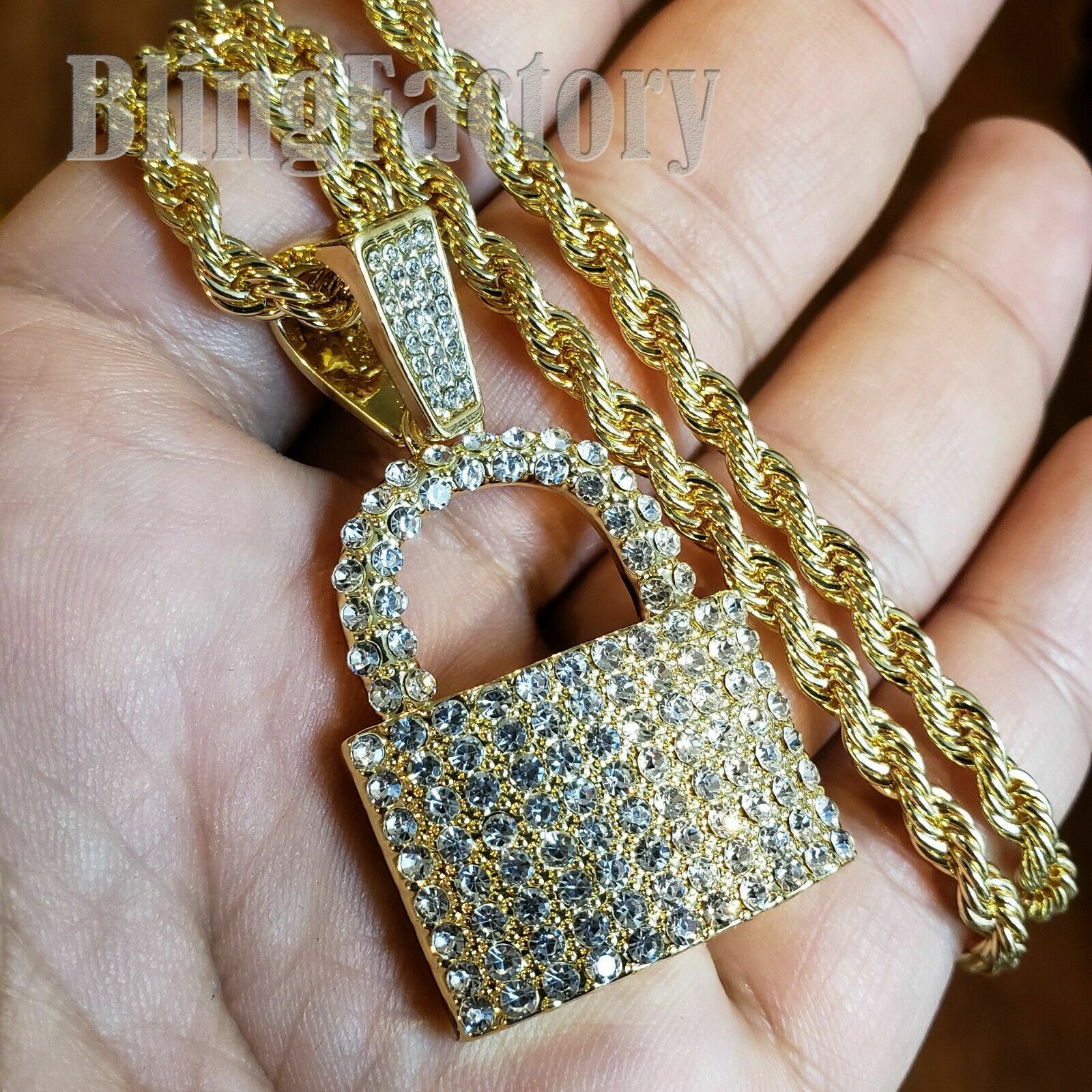 Hip Hop Iced Gold plated Lock & Key Pendant & 24" Rope Chain Bling ...