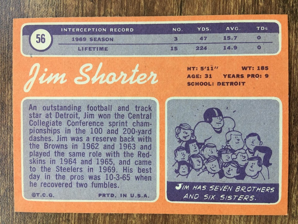 1970 Topps Football Card #56 Jim Shorter Pittsburgh Steelers EX/MT | eBay