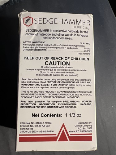SEDGEHAMMER HERBICIDE 1.3 OUNCE BOTTLE WITH INSTRUCTIONS & SCOOPER …K ...