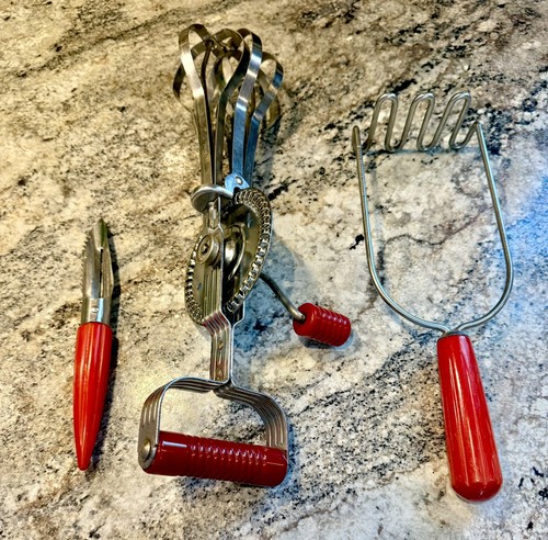 3 Vintage Kitchen Utensils With Red Bakelite Handles Androck Stamped on ...
