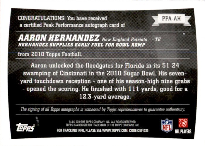 2010 Topps Peak Performance Autographs Aaron Hernandez New England ...