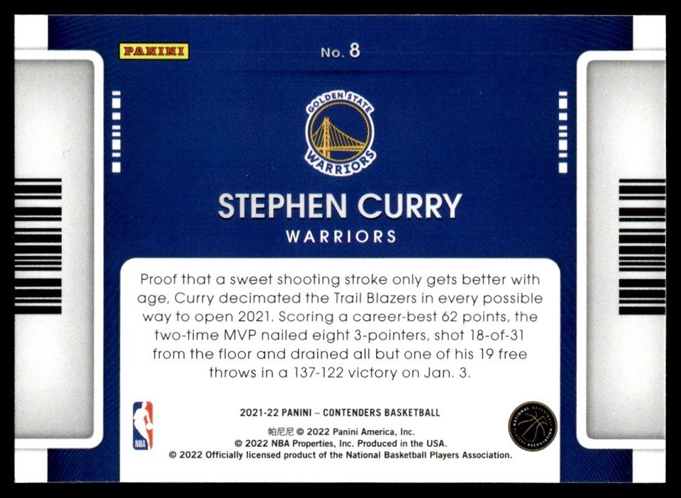 Stephen Curry 2021-22 Panini Contenders Game Night Ticket #8 Golden ...
