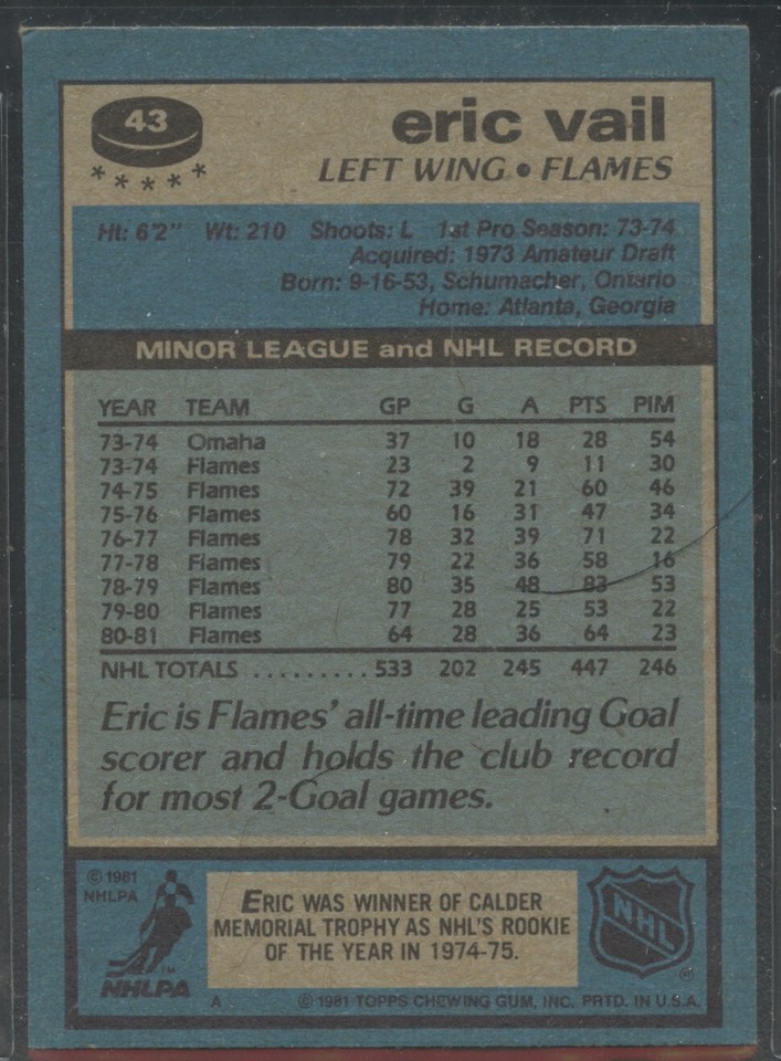 1981-82 Topps #43 Eric Vail Calgary Flames | eBay