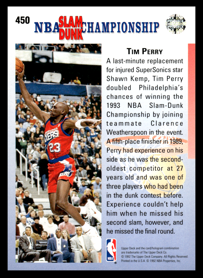 1992-93 Upper Deck In Your Face Tim Perry #450 Philadelphia 76ers NBA ...