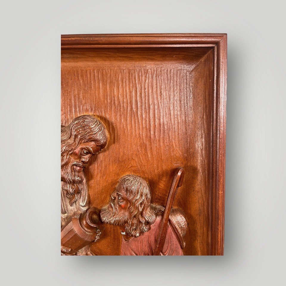 Bas Relief Wood Resin Wood Carving Religious Scene - Signed 27.75 x 17. ...