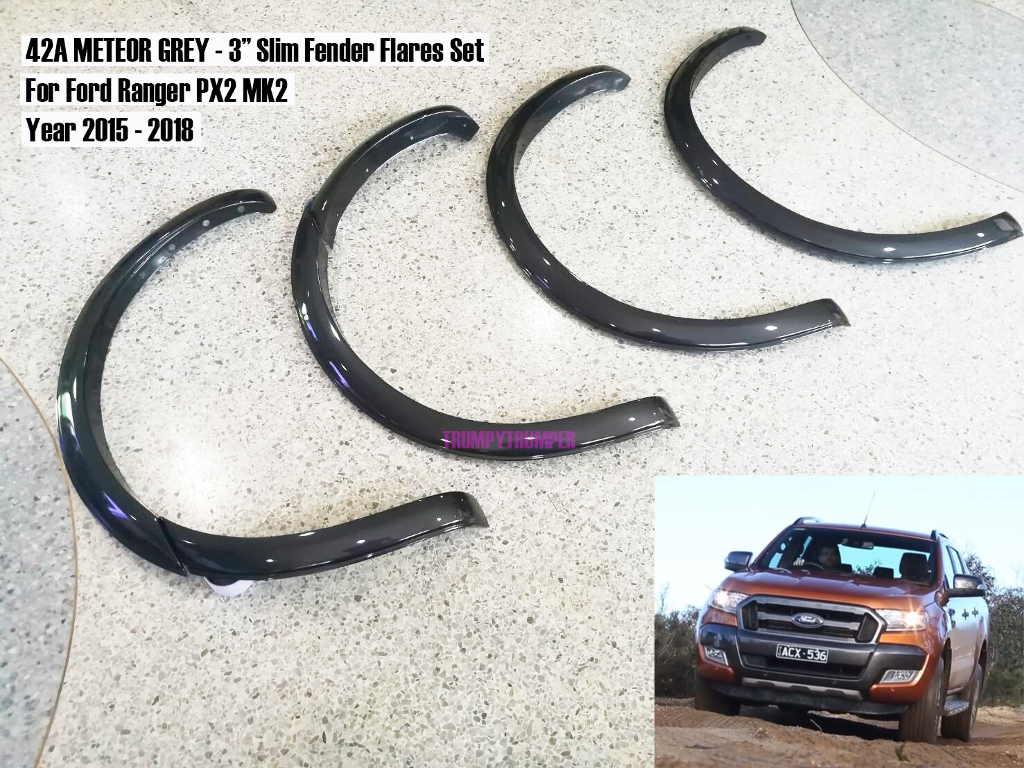 42A METEOR GREY SLIM FENDER FLARES WHEEL ARCH FOR FORD RANGER 2015-2018 ...