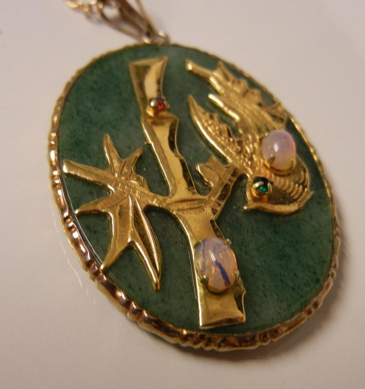 Vintage Chinese Bird Bamboo Jade Ruby Sapphire Opal P… - Gem